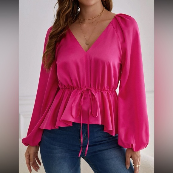 Tops | Last One Hot Pink Drawstring Waist Satin Peplum Blouse | Poshmark